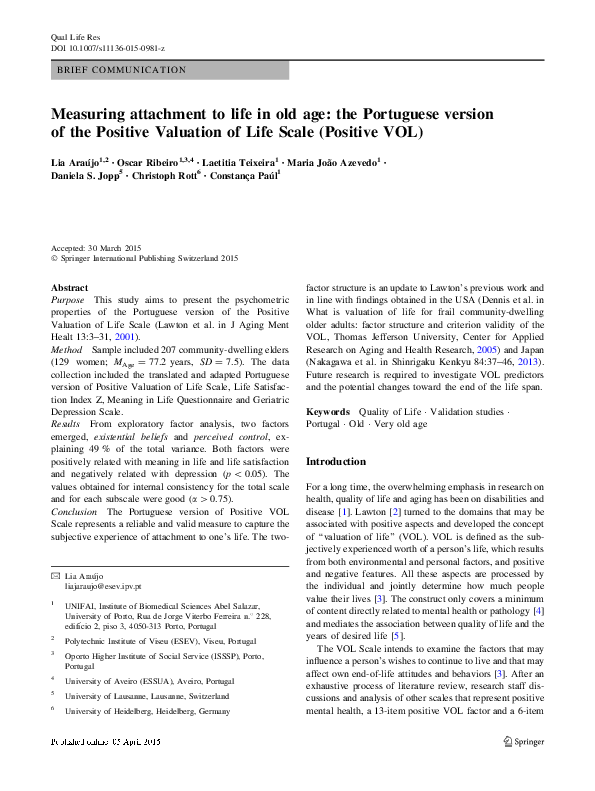 (PDF) Measuring attachment to life in old age: the Portuguese version ...