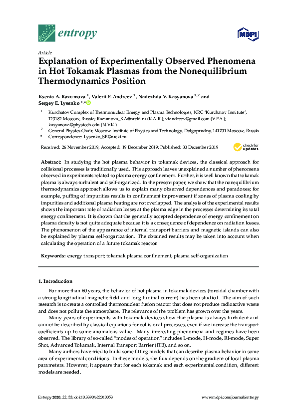 (PDF) Explanation of Experimentally Observed Phenomena in Hot Tokamak Plasmas from the ...