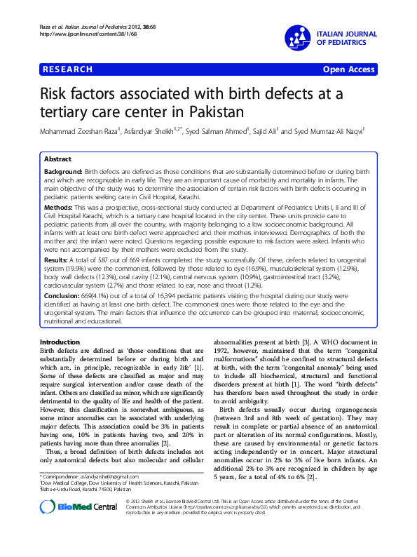 (PDF) Risk factors associated with birth defects at a tertiary care ...