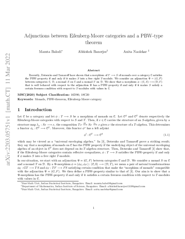 (PDF) Adjunctions between Eilenberg-Moore categories and a PBW-type theorem