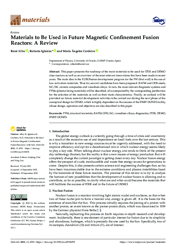 (PDF) Materials to Be Used in Future Magnetic Confinement Fusion Reactors: A Review