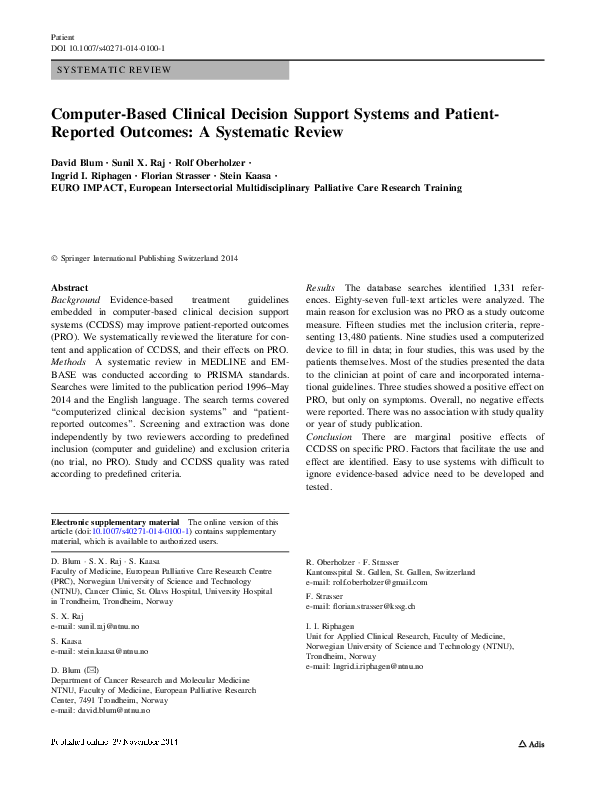 (PDF) Computer-Based Clinical Decision Support Systems and Patient-Reported Outcomes: A ...