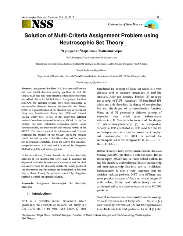 (PDF) Solution Of Multi-Criteria Assignment Problem Using Neutrosophic Set Theory