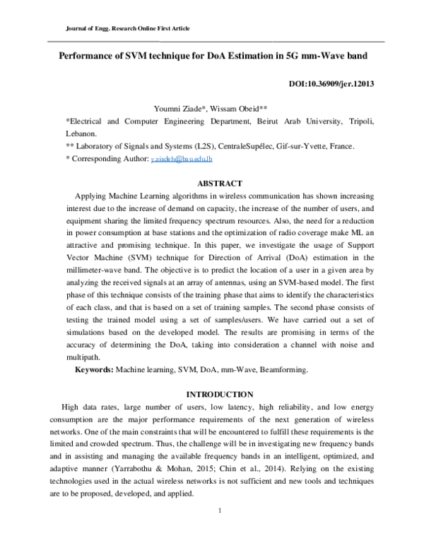 (PDF) Performance of SVM technique for DoA Estimation in 5G mm-Wave band