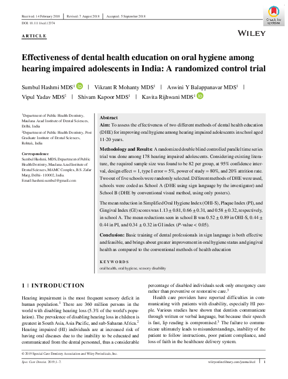 (PDF) Effectiveness of dental health education on oral hygiene among hearing impaired ...