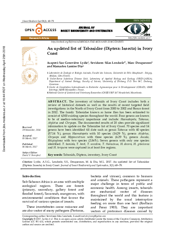 (PDF) JOURNAL OF INSECT BIODIVERSITY AND SYSTEMATICS An updated list of ...