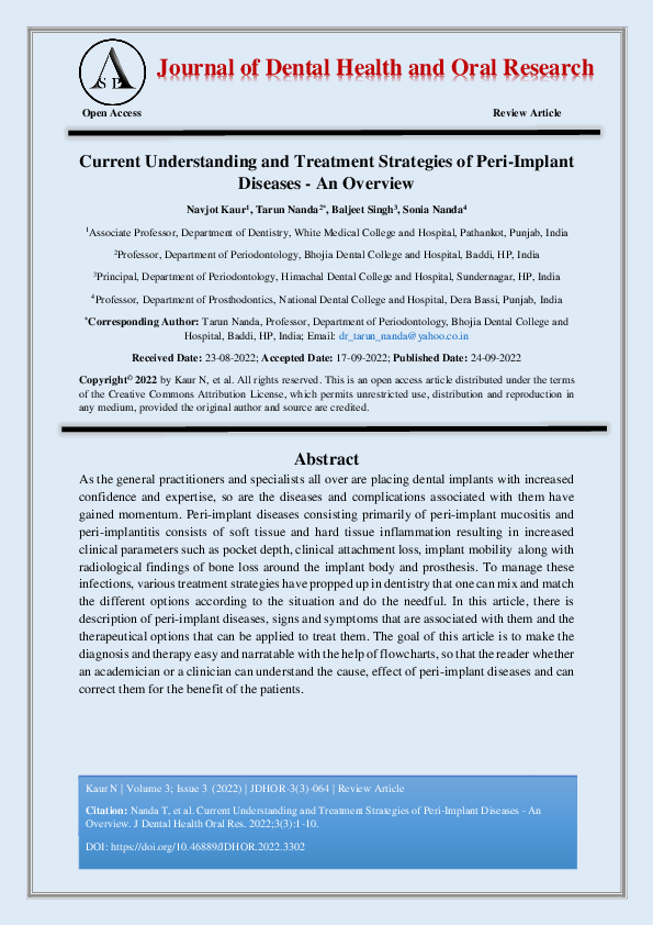 (PDF) Current Understanding and Treatment Strategies of Peri-Implant Diseases -An Overview