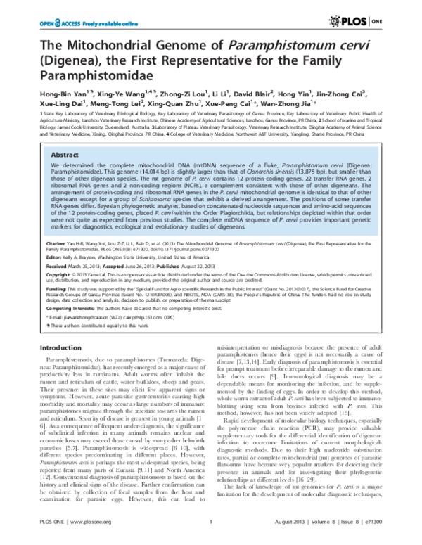 (PDF) The Mitochondrial Genome of Paramphistomum cervi (Digenea), the ...