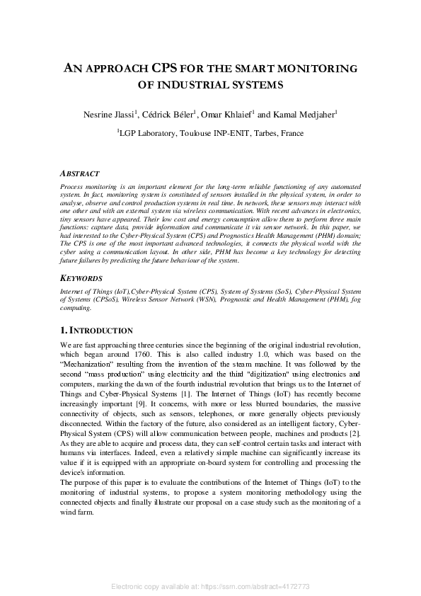(PDF) An Approach CPS for the Smart Monitoring of Industrial Systems