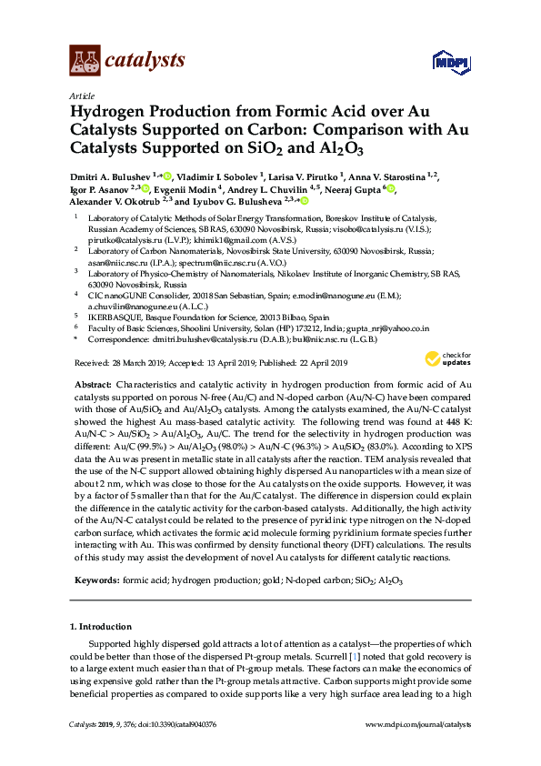 (PDF) Hydrogen Production from Formic Acid over Au Catalysts Supported ...