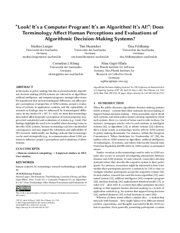 (PDF) “Look! It’s a Computer Program! It’s an Algorithm! It’s AI!”: Does Terminology Affect ...