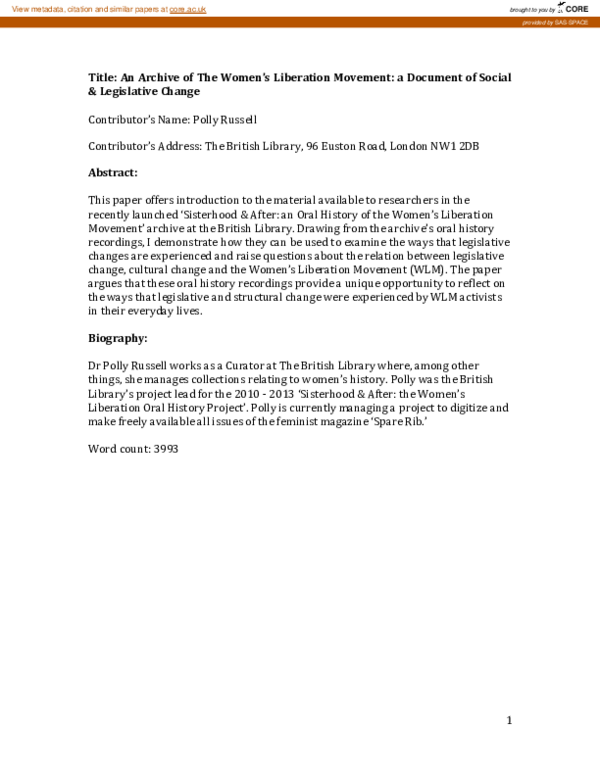 (PDF) An Archive of the Women's Liberation Movement: a Document of ...