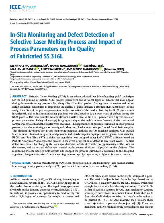 Pdf In Situ Monitoring And Defect Detection Of Selective Laser Melting Process And Impact Of