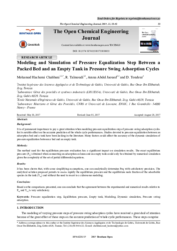 (PDF) Modeling and Simulation of Pressure Equalization Step Between a ...