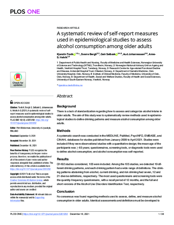 (PDF) Self-Report Measures of Alcohol in Older Adults