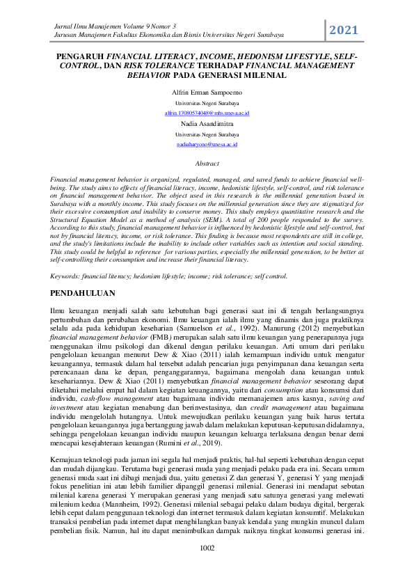 (PDF) Pengaruh Financial Literacy, Income, Hedonism Lifestyle, Self-Control, dan Risk Tolerance ...
