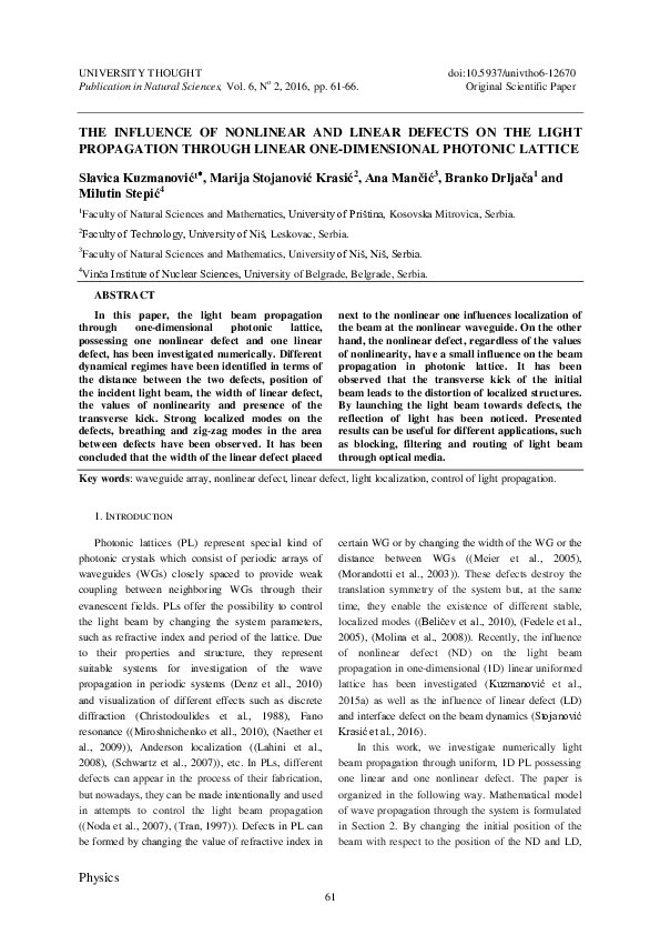 (PDF) The influence of nonlinear and linear defects on the light propagation through linear one ...