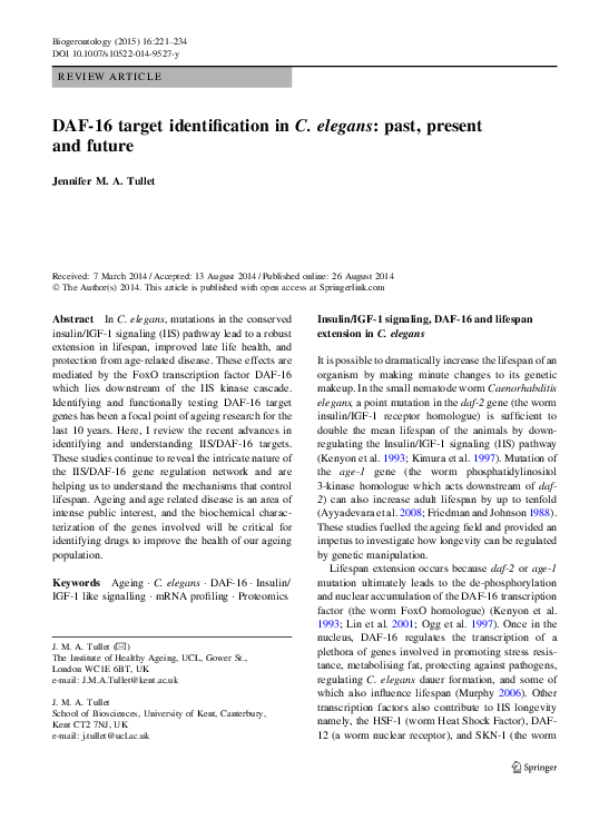 (PDF) DAF-16 target identification in C. elegans: past, present and future