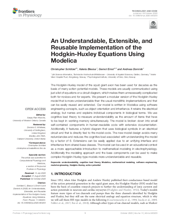 Pdf An Understandable Extensible And Reusable Implementation Of The Hodgkin Huxley Equations 3967