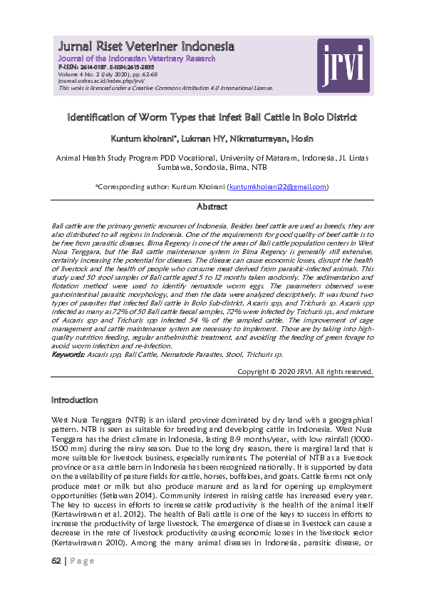 (PDF) Identification of Worm Types that Infest Bali Cattle in Bolo District