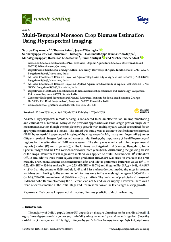 (PDF) Multi-Temporal Monsoon Crop Biomass Estimation Using Hyperspectral Imaging | Jayan ...