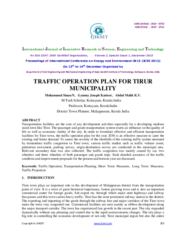 (PDF) Traffic Operation Plan for Tirur Municipality