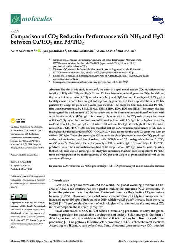 (PDF) Comparison of CO2 Reduction Performance with NH3 and H2O between ...