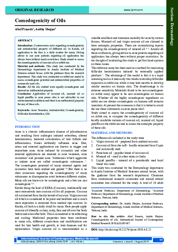 (PDF) Comedogenicity of Oils