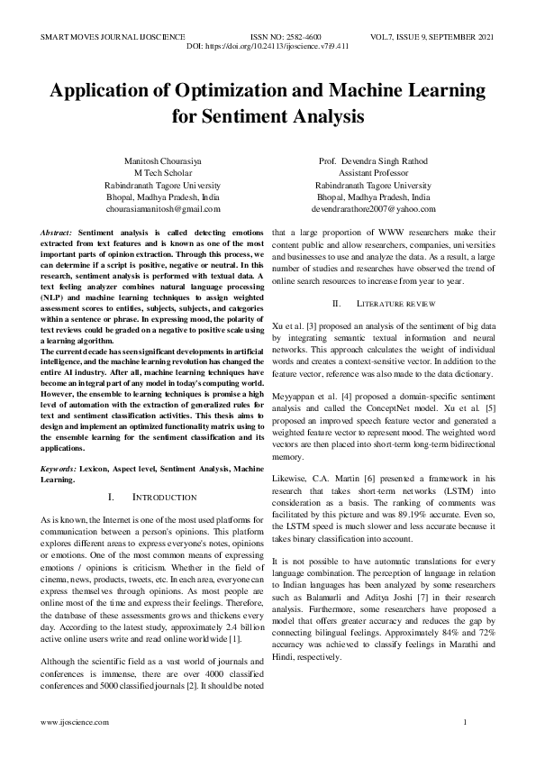 (PDF) Application of Optimization and Machine Learning for Sentiment Analysis