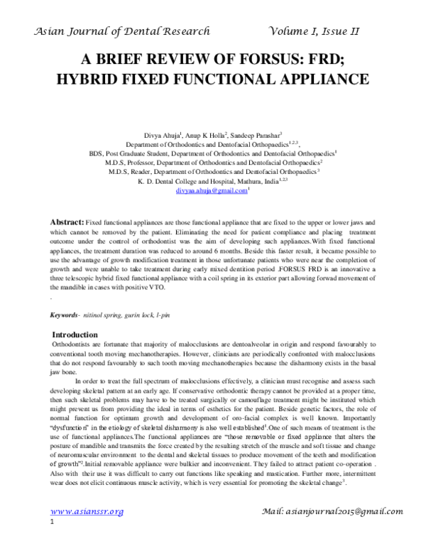 (PDF) A Brief Review of Forsus: FRD; Hybrid Fixed Functional Appliance