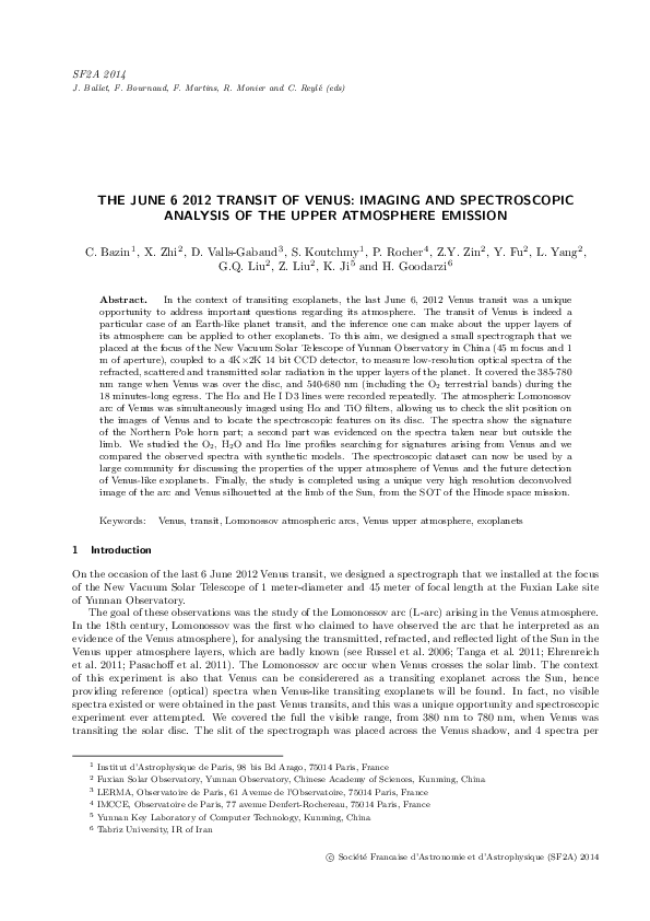 (PDF) The June 6 2012 transit of Venus: Imaging and spectroscopic ...