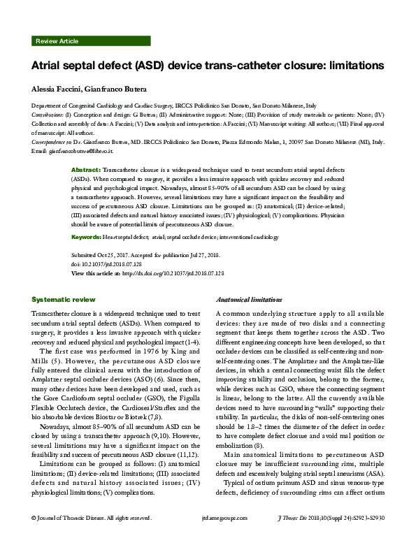 Pdf Atrial Septal Defect Asd Device Trans Catheter Closure Limitations
