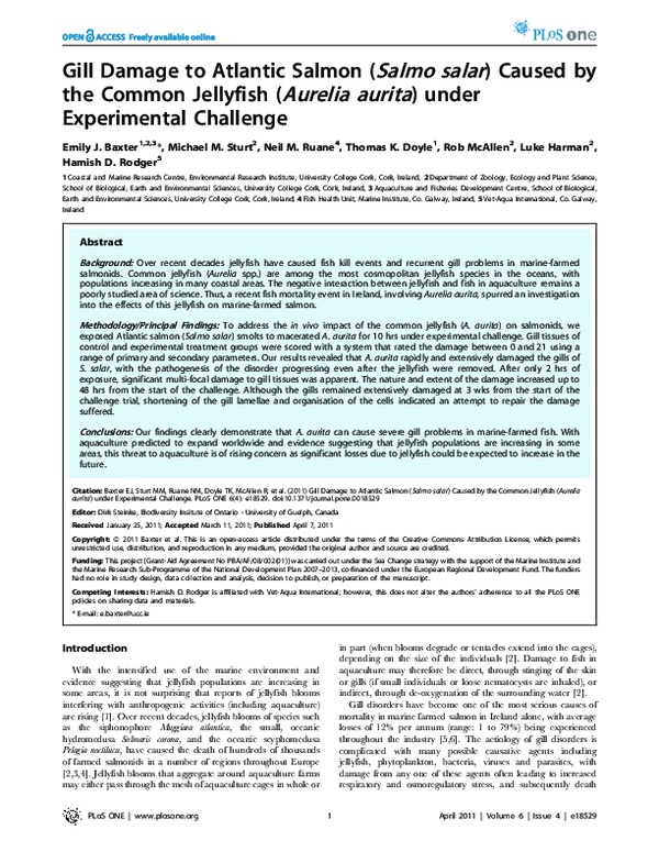 (PDF) Gill Damage to Atlantic Salmon (Salmo salar) Caused by the Common Jellyfish (Aurelia ...