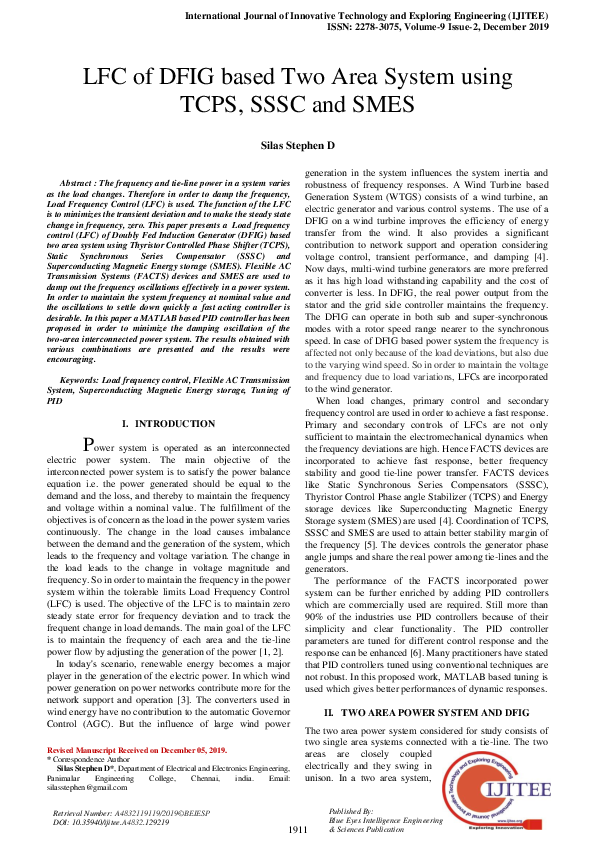 (PDF) LFC of DFIG based Two Area System using TCPS, SSSC and SMES