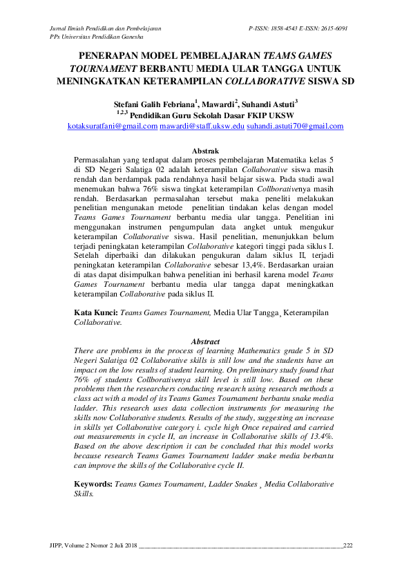 (PDF) Penerapan Model Pembelajaran Teams Games Tournament Berbantu Media Ular Tangga Untuk ...