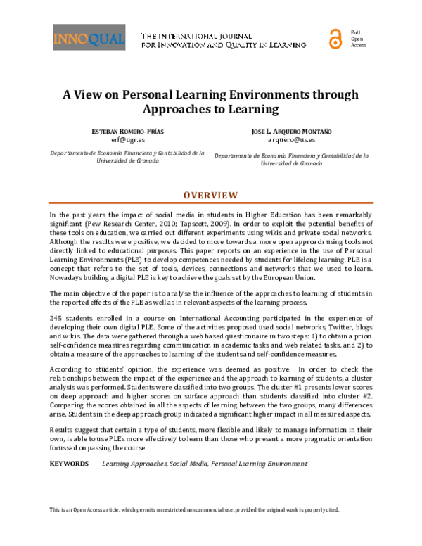 (PDF) A view on Personal Learning Environments through approaches to learning
