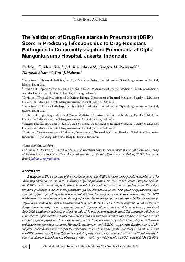 (PDF) The Validation of Drug Resistance in Pneumonia (DRIP) Score in ...