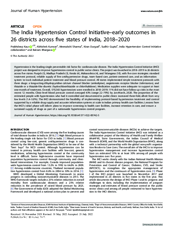 (PDF) The India Hypertension Control Initiative–early outcomes in 26 ...