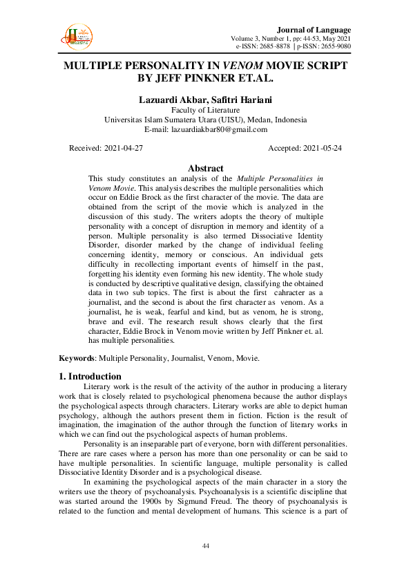 (PDF) Multiple Personality in Venom Movie Script Written by Jeff ...