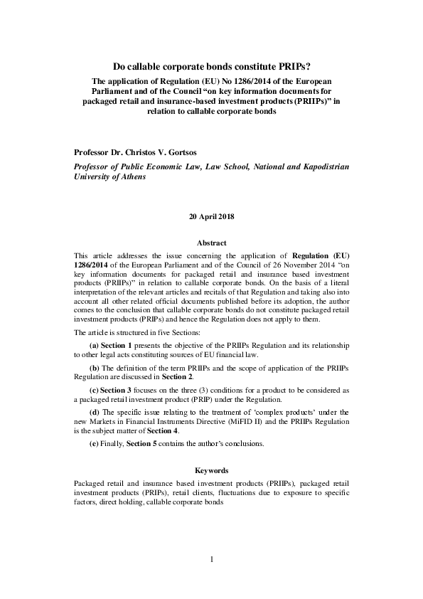 (PDF) Do Callable Corporate Bonds Constitute PRIPs? The Application of ...