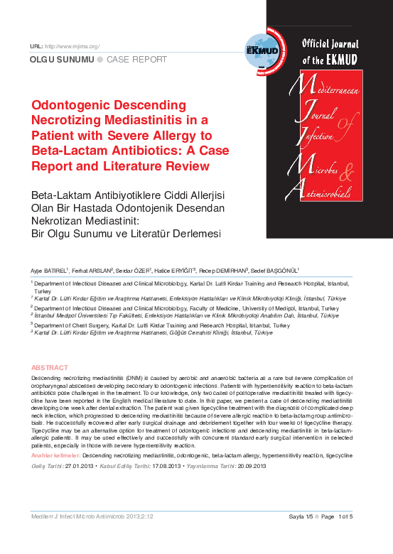 (PDF) Odontogenic Descending Necrotizing Mediastinitis in a Patient with Severe Allergy to Beta ...