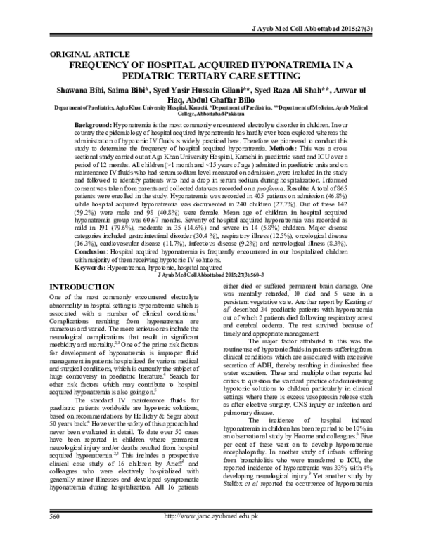 Pdf Frequency Of Hospital Acquired Hyponatremia In A Pediatric Tertiary Care Setting