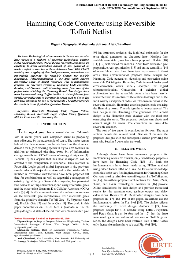 (PDF) Hamming Code Converter using Reversible Toffoli Netlist | Mahamuda Sultana - Academia.edu