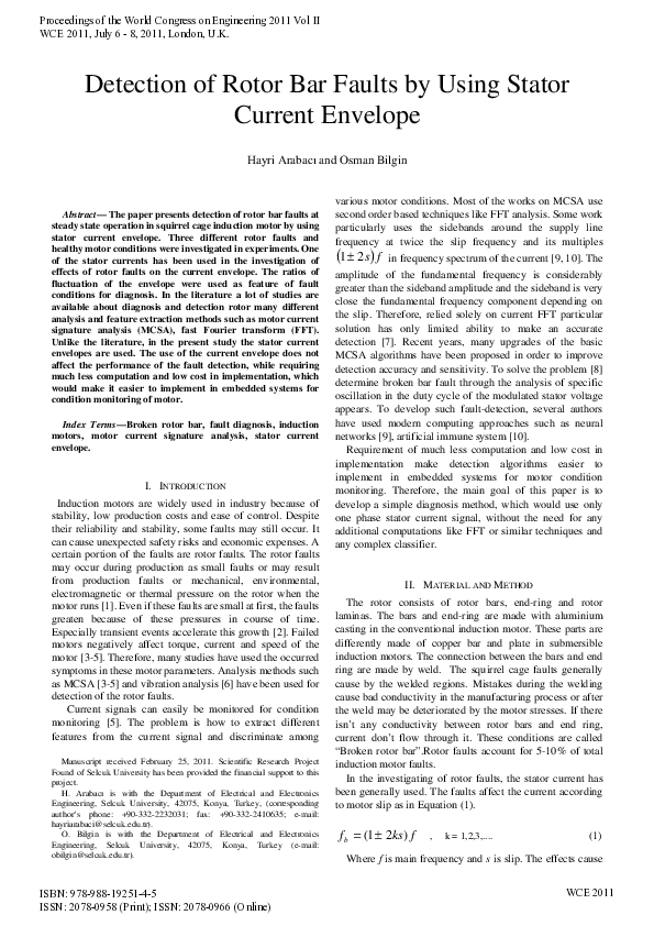 Pdf Detection Of Rotor Bar Faults By Using Stator Current Envelope