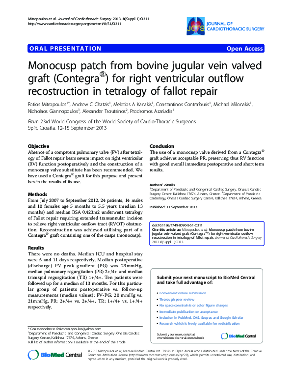 Monocusp patch from bovine jugular vein valved graft (Contegra®) for ...