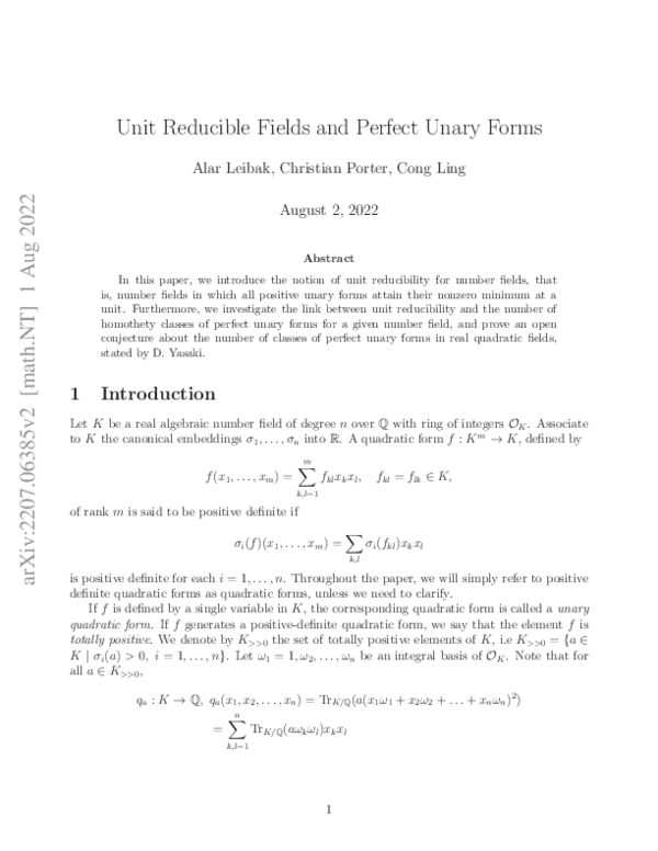 (PDF) Unit Reducible Fields and Perfect Unary Forms
