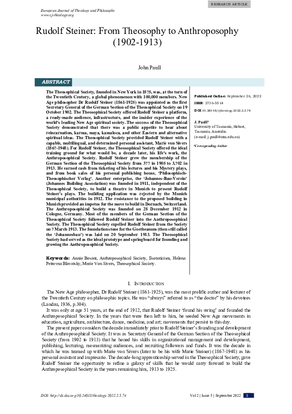 (PDF) Rudolf Steiner: From Theosophy to Anthroposophy (1902-1913)