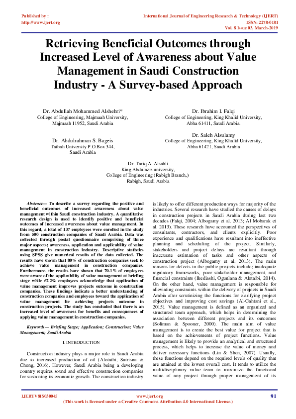 (PDF) Retrieving Beneficial Outcomes through Increased Level of Awareness about Value Management ...