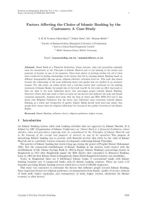 (PDF) Factors Affecting the Choice of Islamic Banking by the Customers: A Case Study