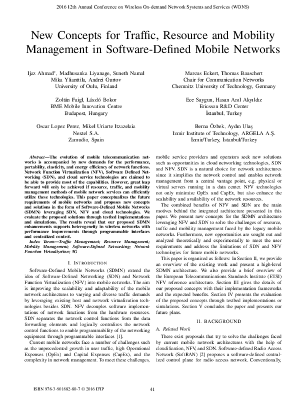 (PDF) New Concepts for Traffic, Resource and Mobility Management in Software-Defined Mobile Networks
